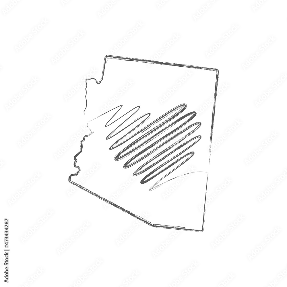 Arizona US state hand drawn pencil sketch outline map with heart shape ...