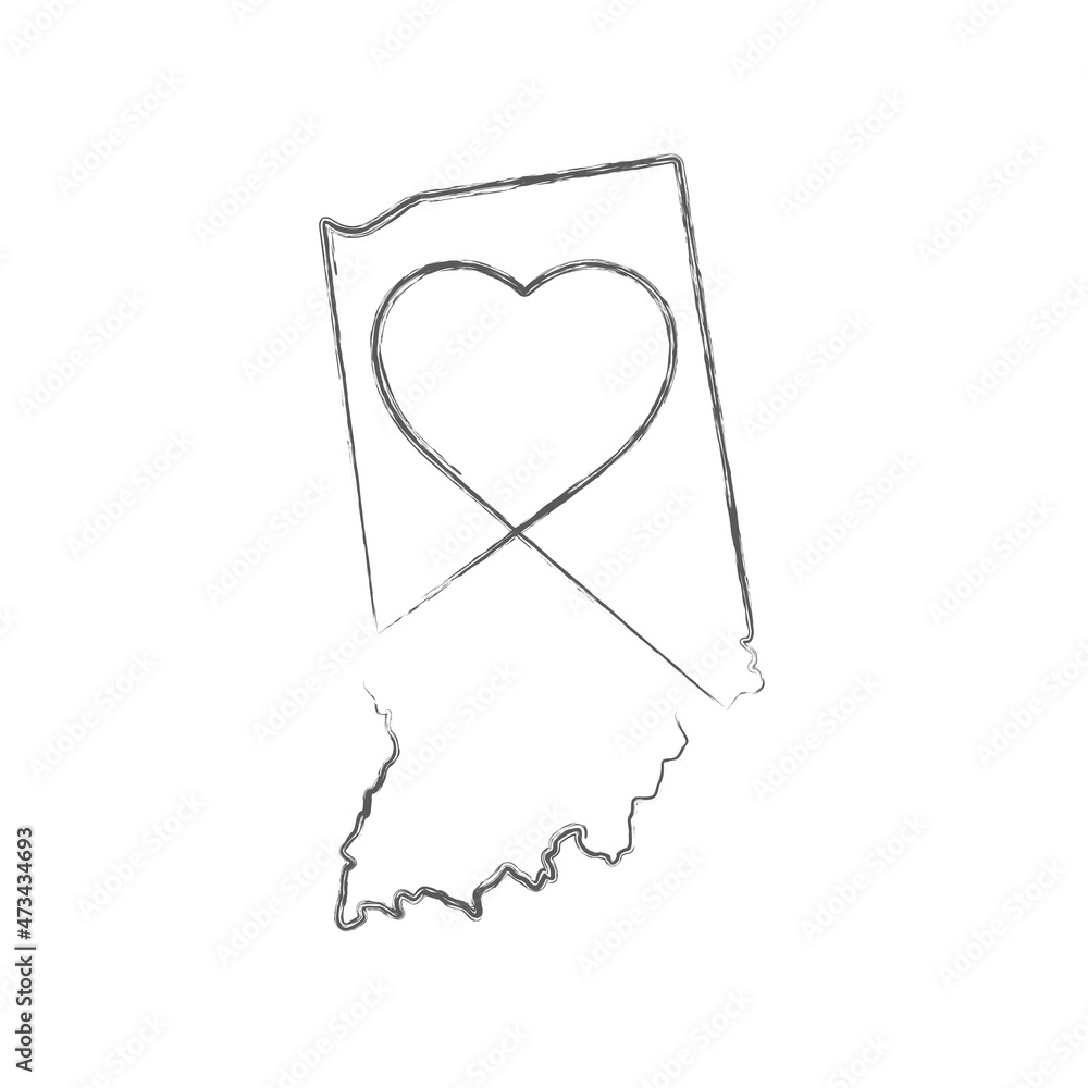 Indiana US state hand drawn pencil sketch outline map with heart shape ...