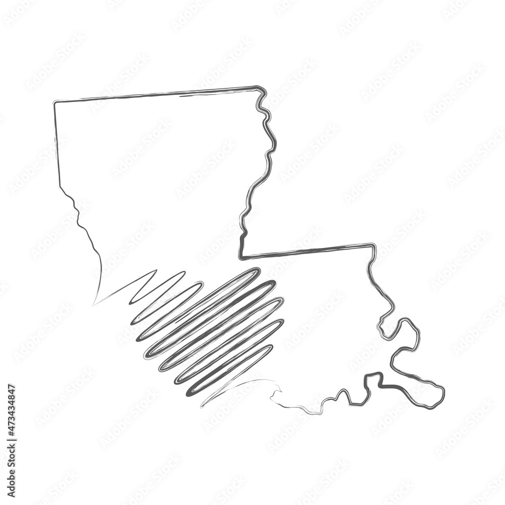 Louisiana US state hand drawn pencil sketch outline map with heart ...