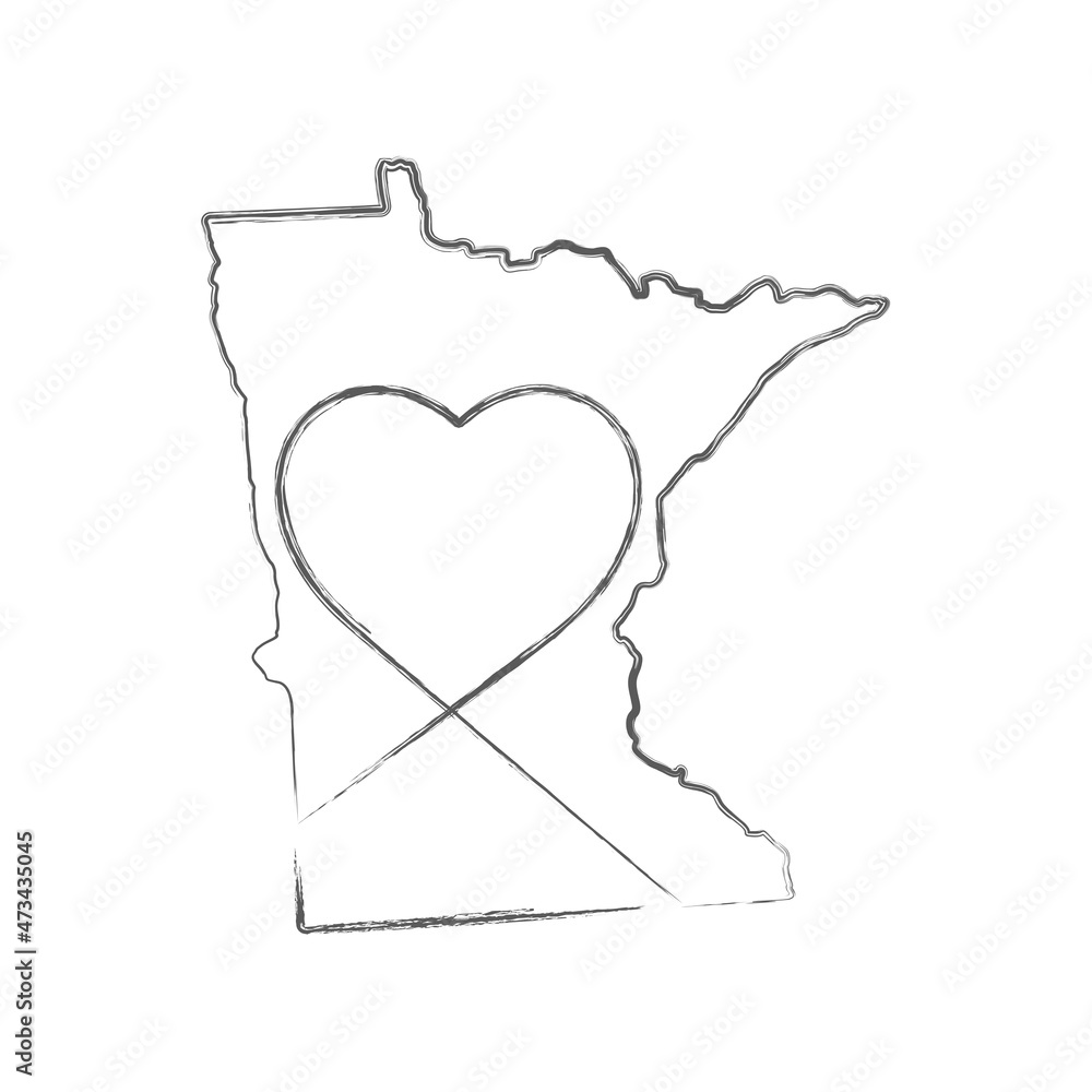 Minnesota US state hand drawn pencil sketch outline map with heart ...