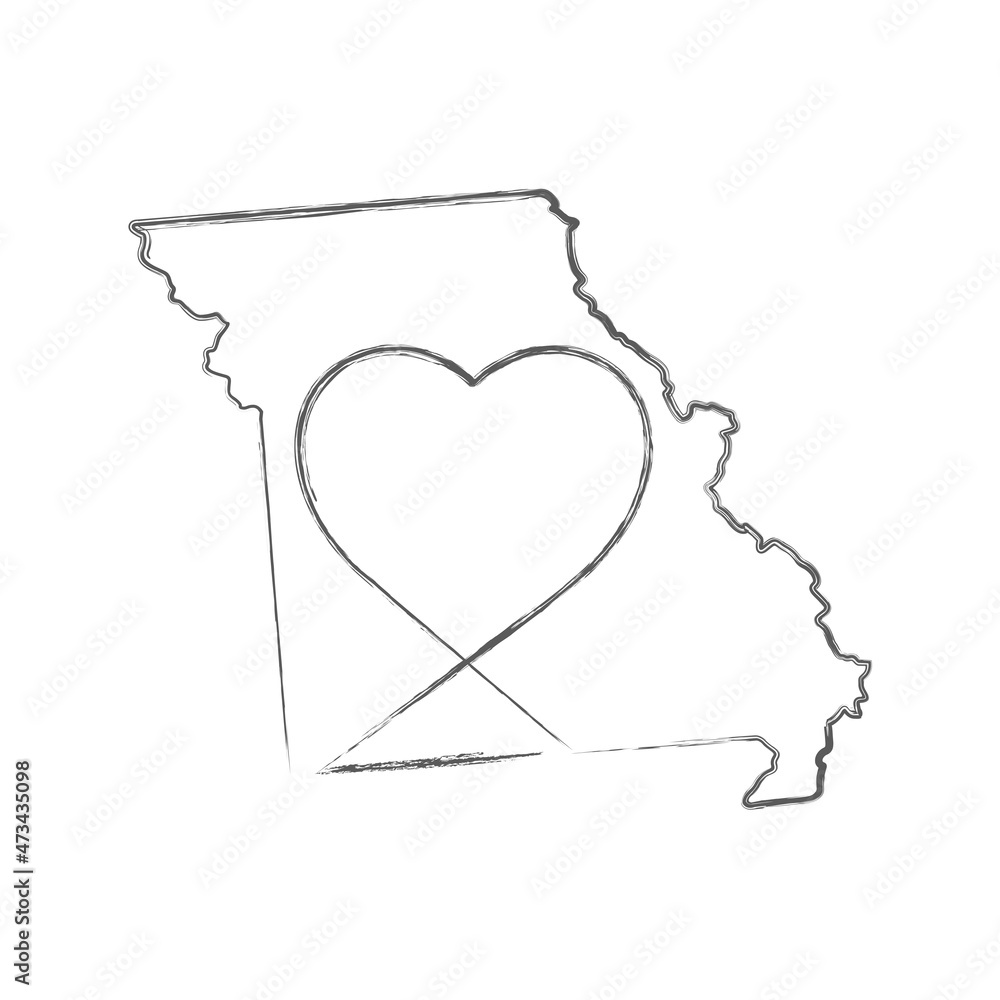 Missouri US state hand drawn pencil sketch outline map with heart shape ...