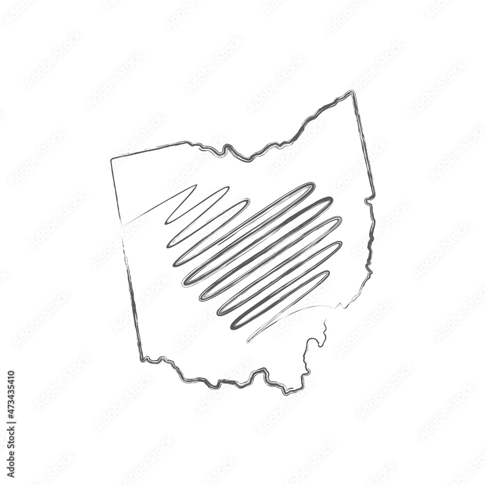 Ohio US state hand drawn pencil sketch outline map with heart shape ...
