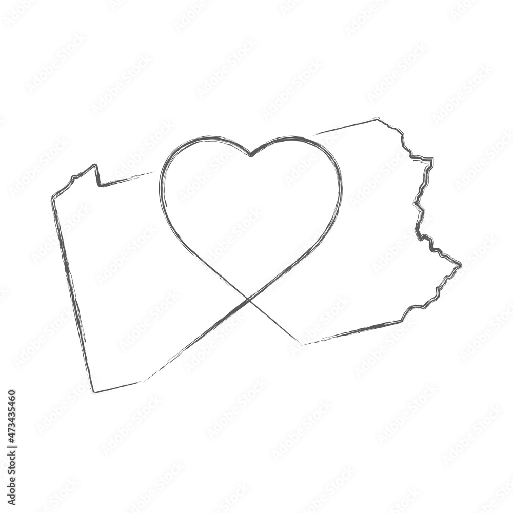 Pennsylvania US state hand drawn pencil sketch outline map with heart ...