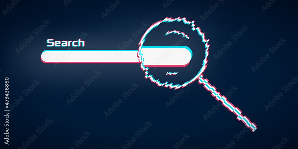 Pretty search bar with text, glitch effect and digital magnifying glass ...