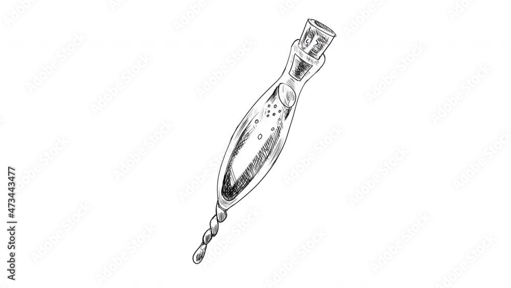 Self-drawing sketch of a small crystal vial with liquid. Emerging tube ...