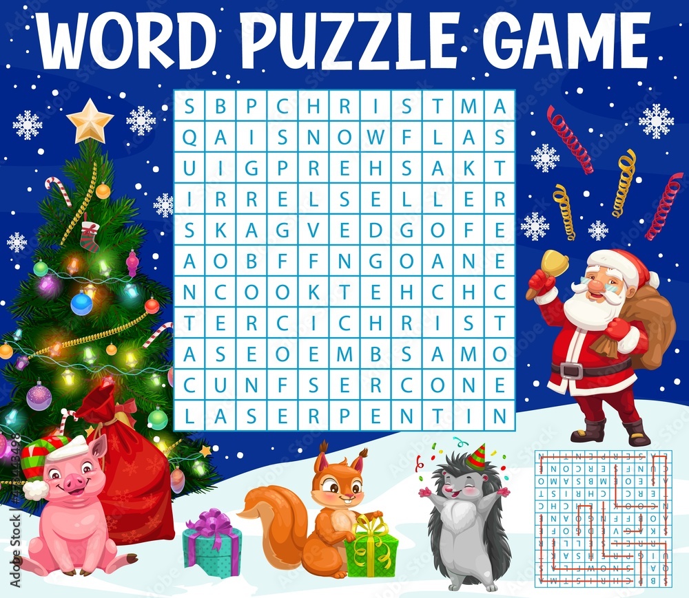Christmas Santa and animals with gifts, word search puzzle game ...