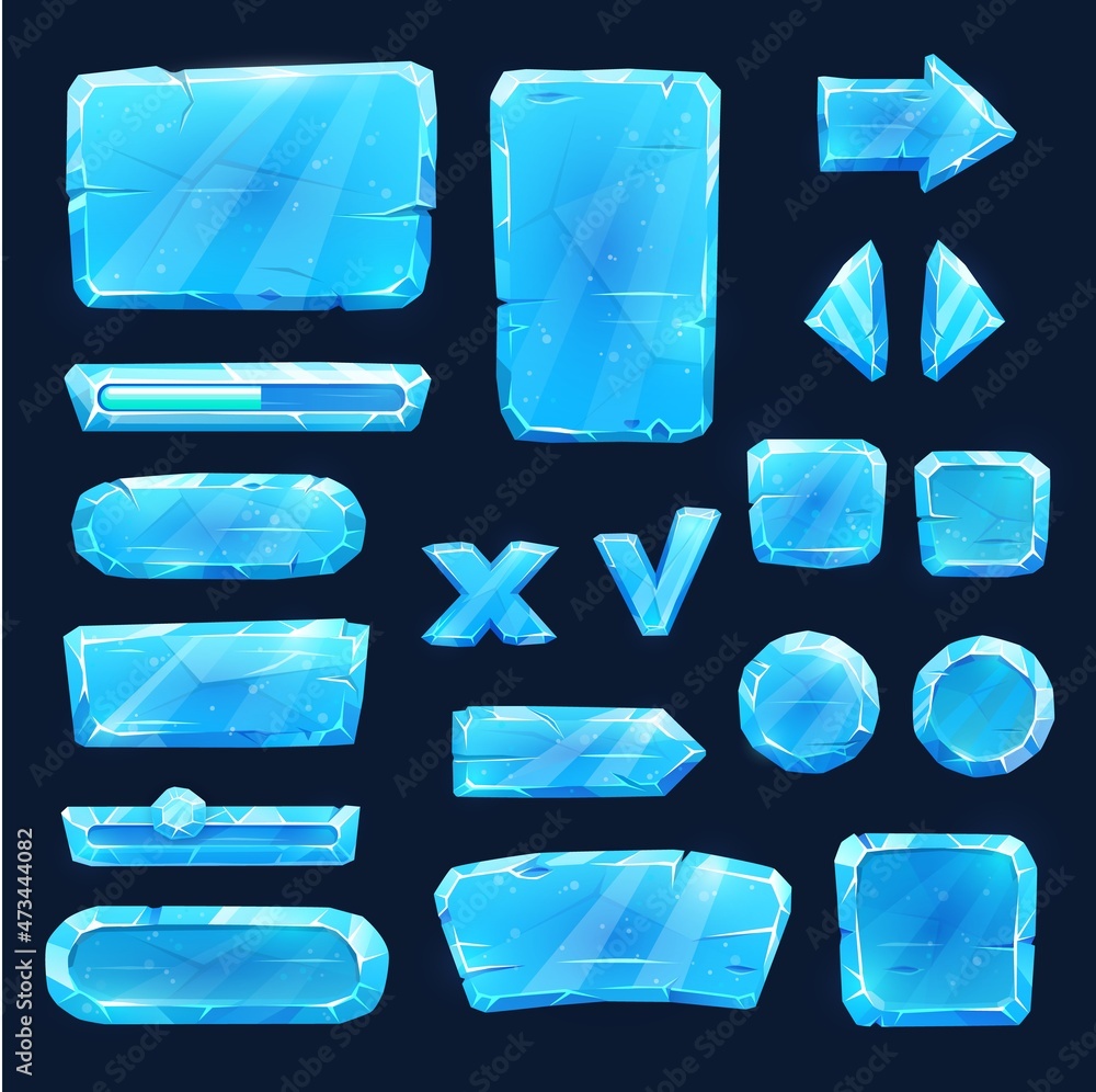 Game asset blue ice icons, sliders, arrows and keys, vector user panel ...