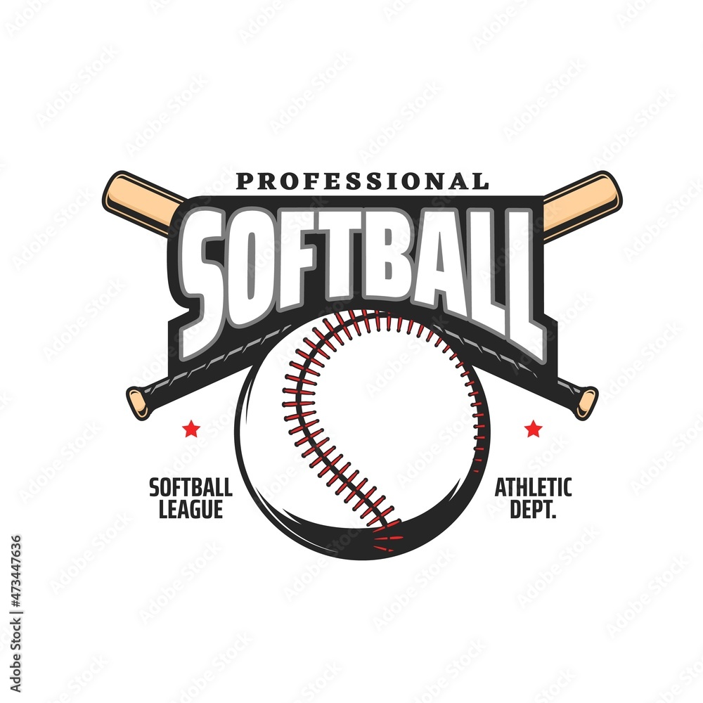 Softball sport icon with crossed bats and ball. Softball professional ...
