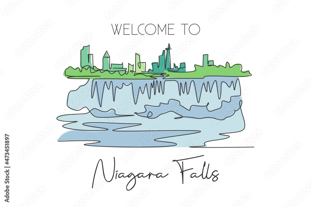 One continuous line drawing Niagara Falls skyline, Canada. Beautiful ...