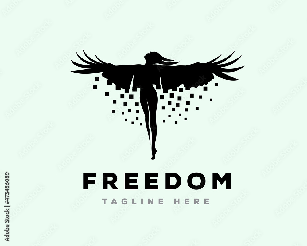 women freedom flying flapping wings black silhouette logo design ...