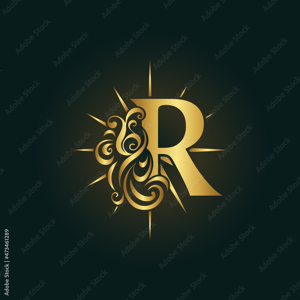 Letter R. Glowing Golden Monogram. Bright Star with Rays. Elegant ...