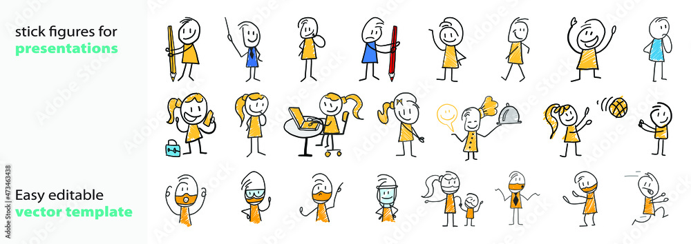 Stick figure people, working life, daily life. Freehand drawing. Vector ...