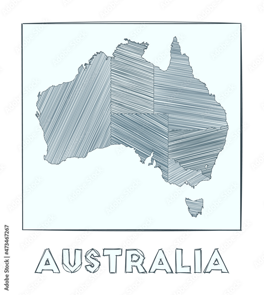 Sketch map of Australia. Grayscale hand drawn map of the country ...