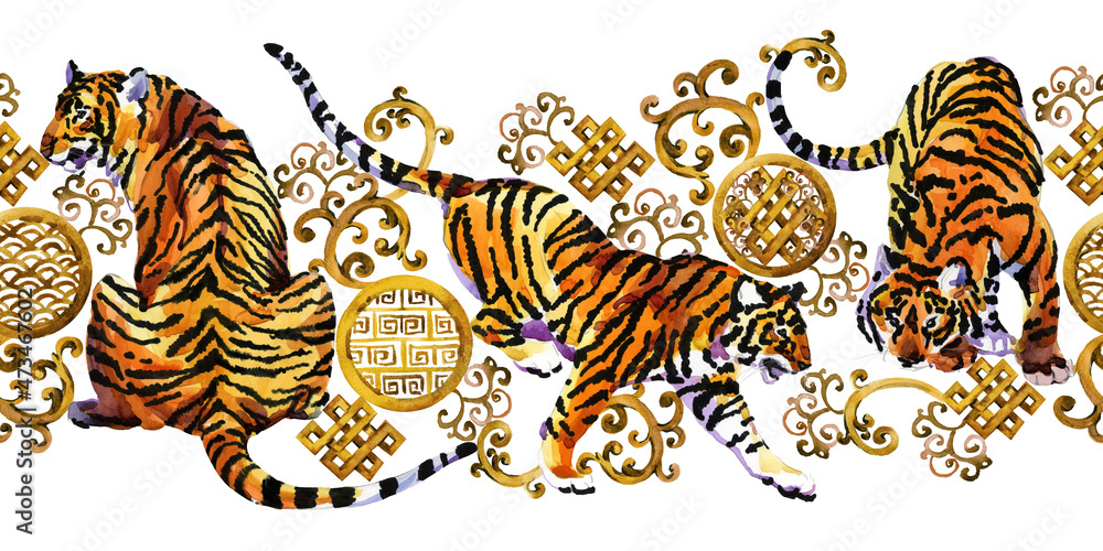 Gold tiger seamless pattern. Watercolor tigers in asiat style luxury ...