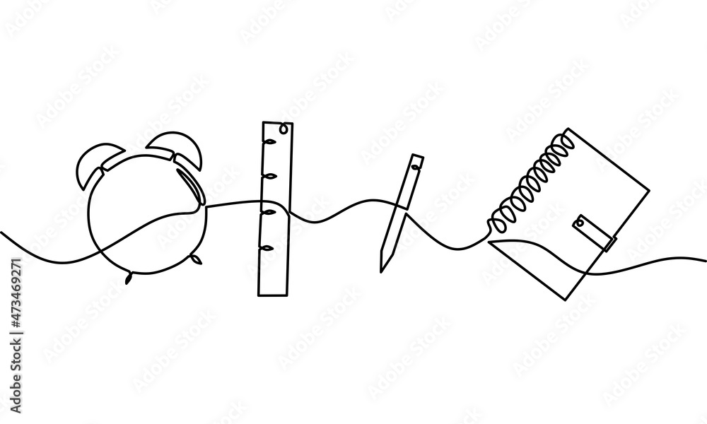 Continuous line drawing of book pencil ruler and alarm clock, back to ...
