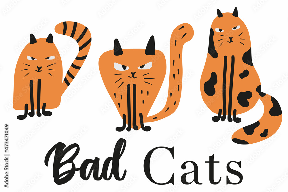 Childish illustration of bad cats. Hand-drawn illustration of ginger ...