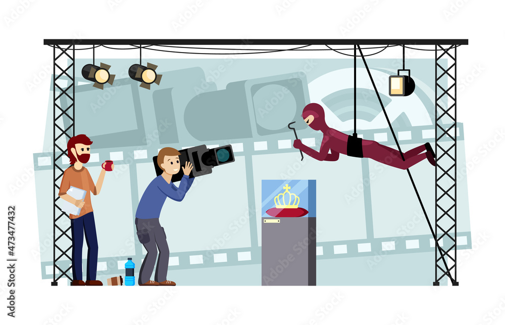 Film production and filming set. Camera setup by operator and backlight ...