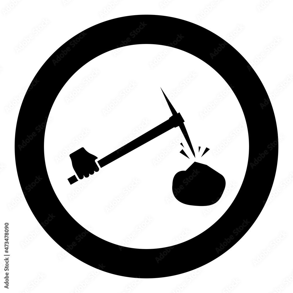 Pickaxe hit stone in hand icon in circle round black color vector ...