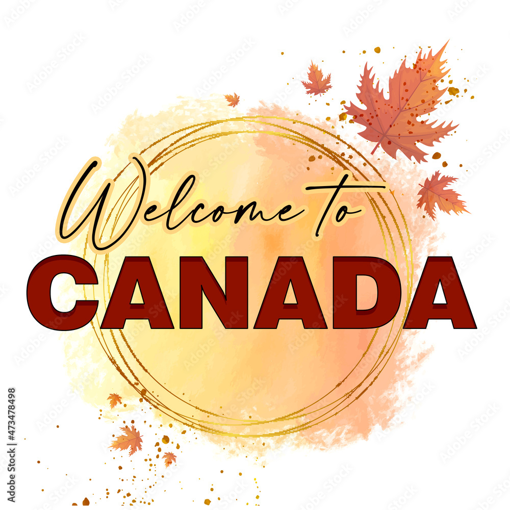 Welcome to canada logo with watercolor background and simple leaf ...