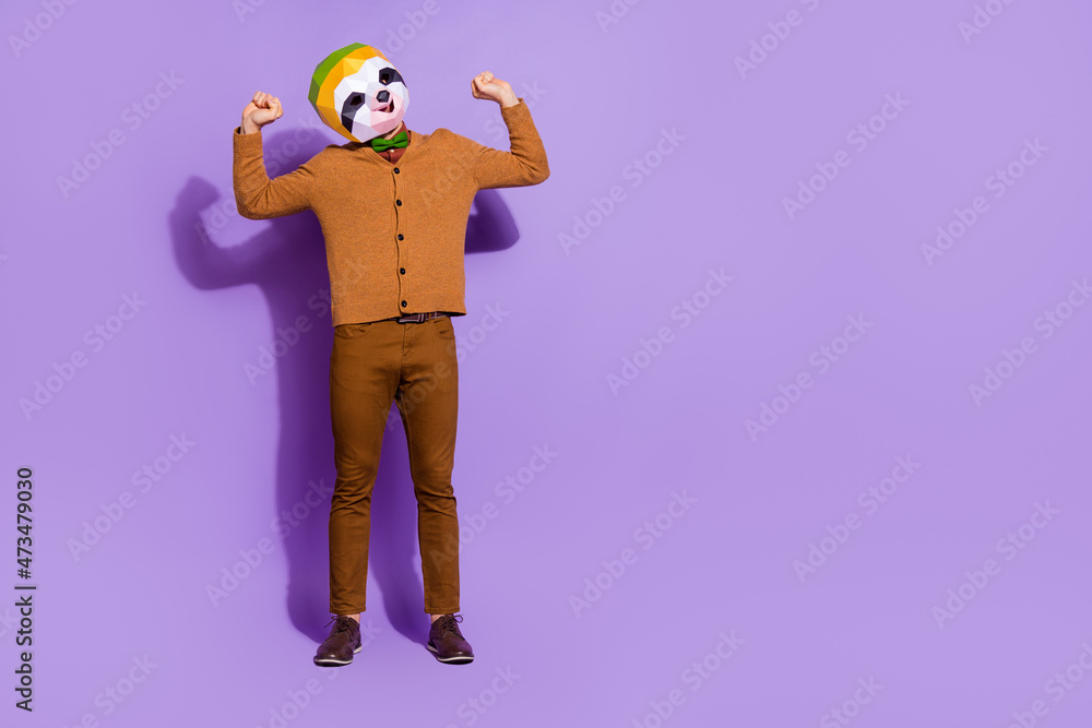 Full body photo of sloth head mask person stretching arms sleepiness ...