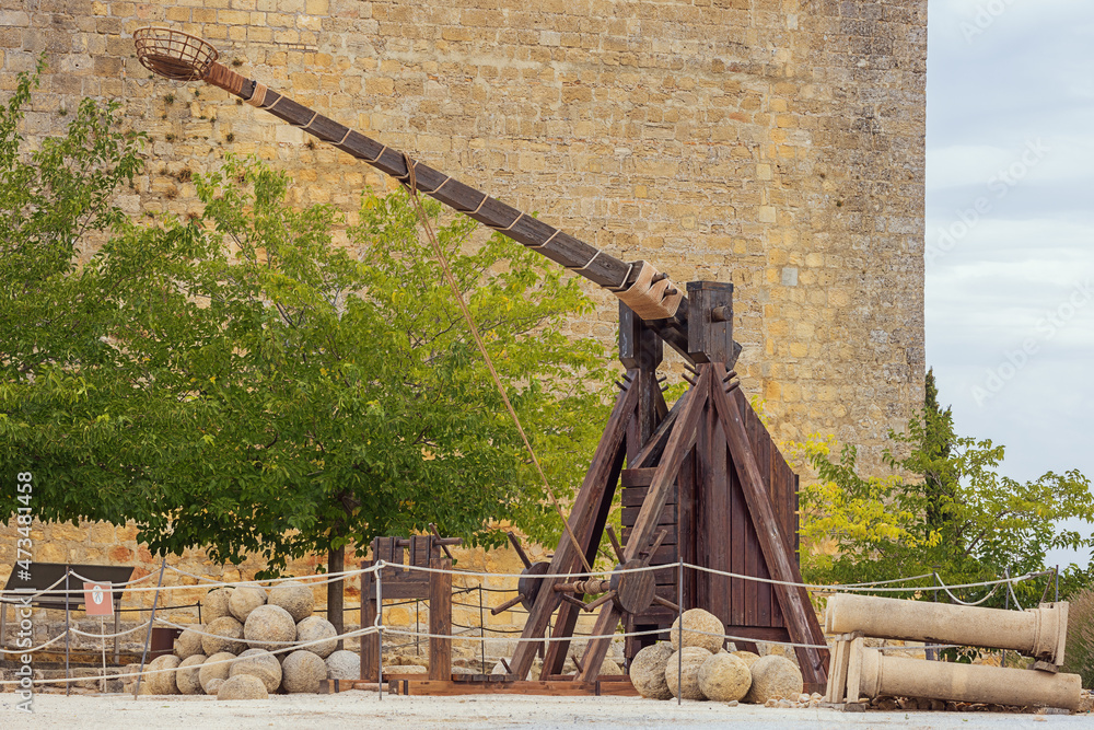 Poster Trebuchet on display at the La Mota fortress, a large walled ...