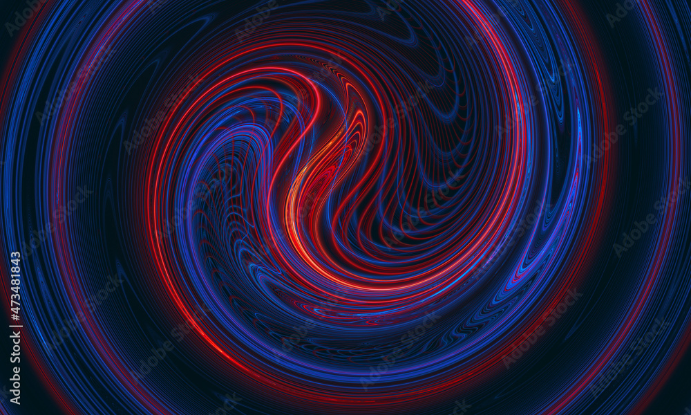 Red blue ripples of 3d fluid or liquid neon twirl in deep dark space ...