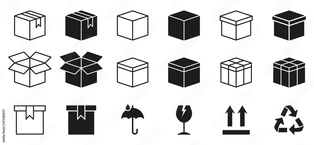 Cardboard Boxes Line and Silhouette Icon Set. Package with Symbol of ...