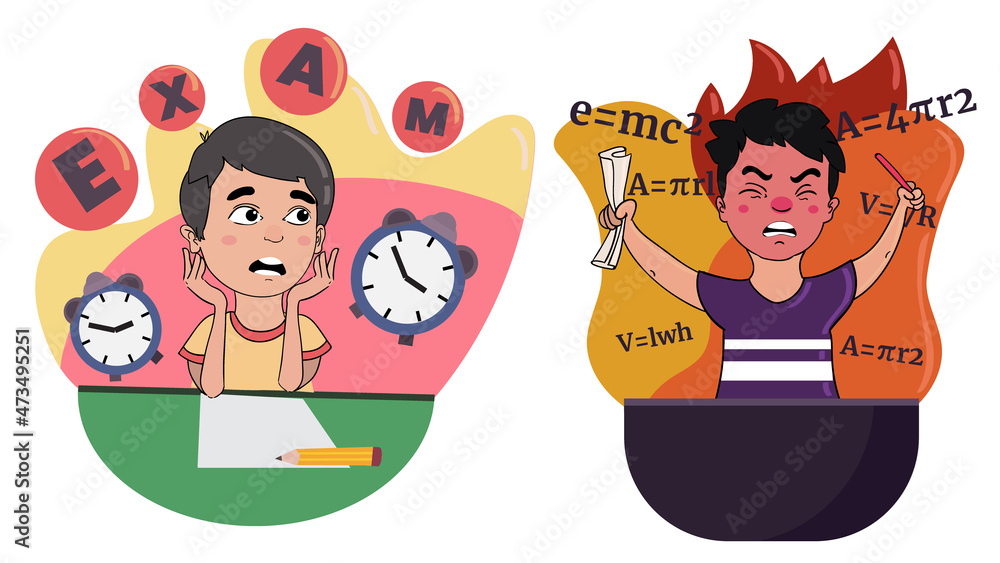 set of two vector kids character worrying about exam Stock Vector ...