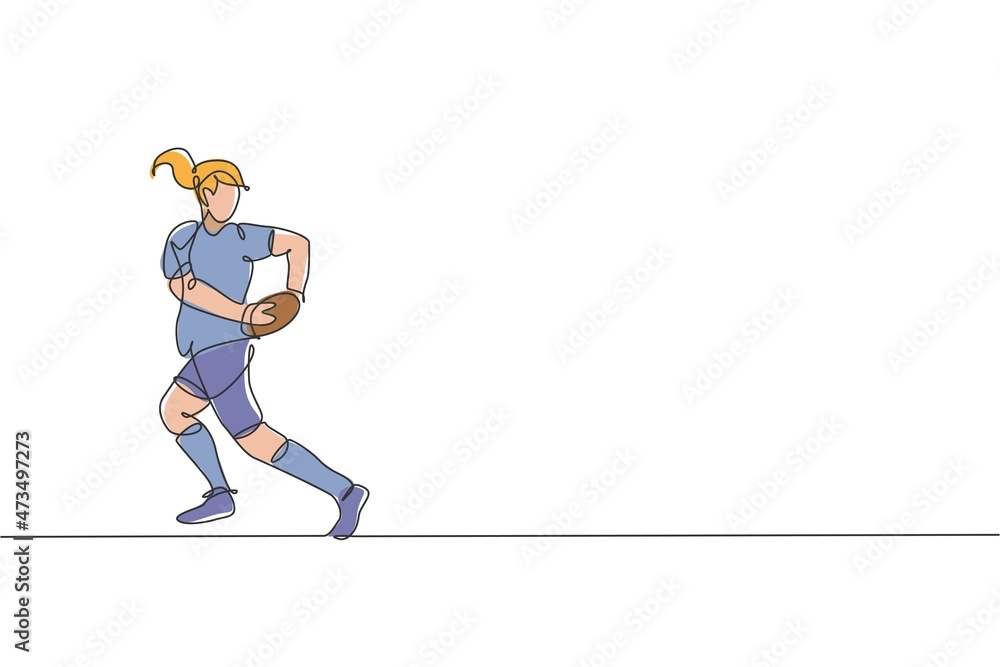 One continuous line drawing of young rugby player catch the ball and ...