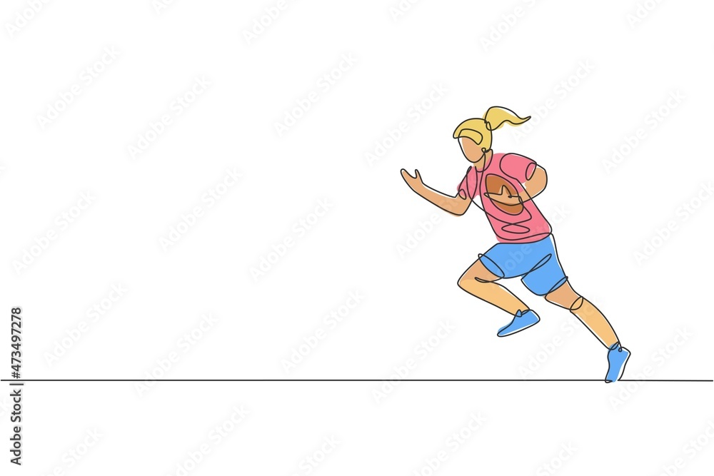 One continuous line drawing of young female rugby player catch and hold ...