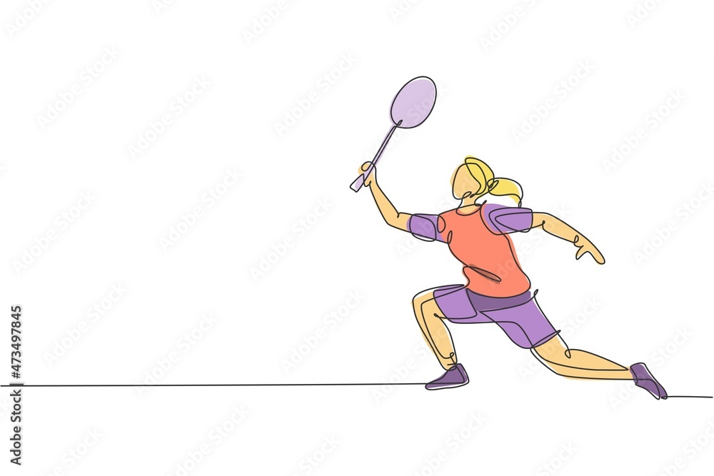 One single line drawing of young energetic badminton player jumping and ...