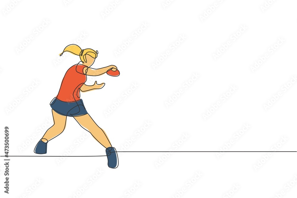 Single continuous line drawing of young agile woman table tennis player ...