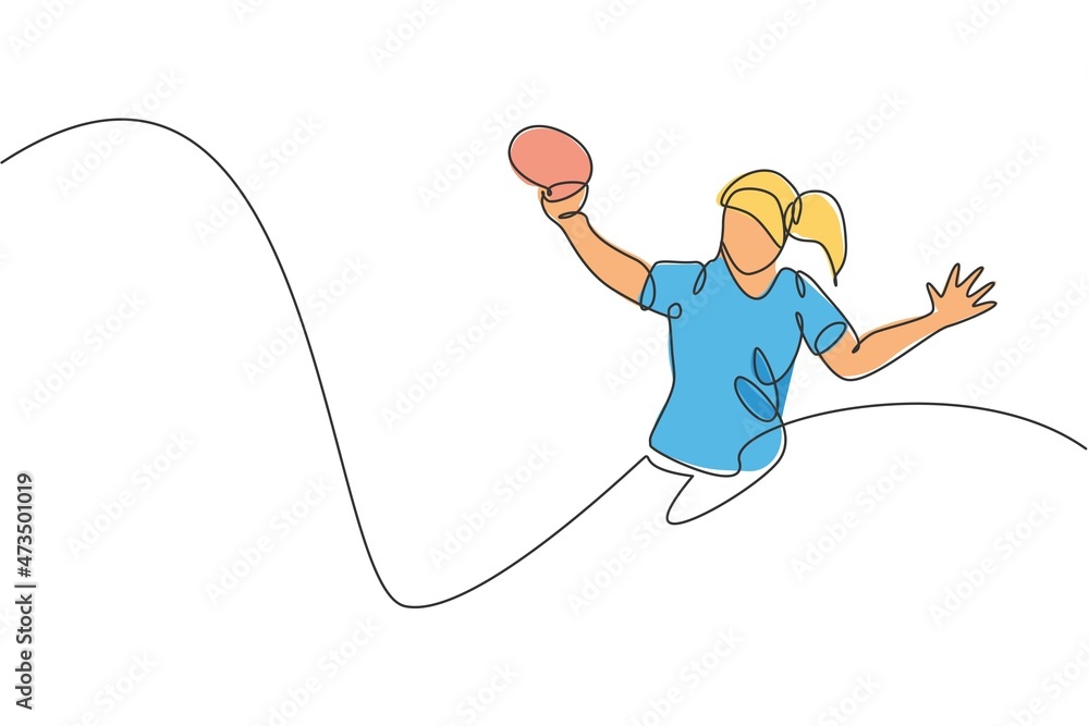 One single line drawing of young energetic woman table tennis player ...