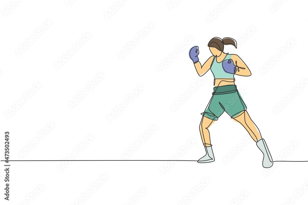 Single continuous line drawing of young agile woman boxer stance ...