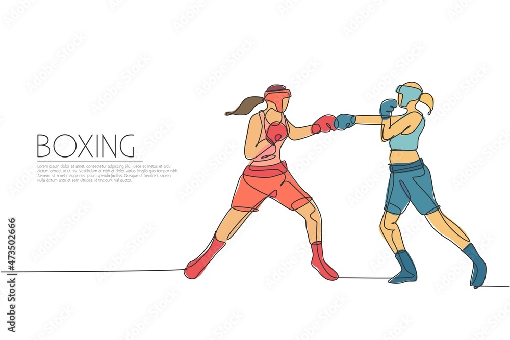 One single line drawing of two young energetic women boxer bump their ...