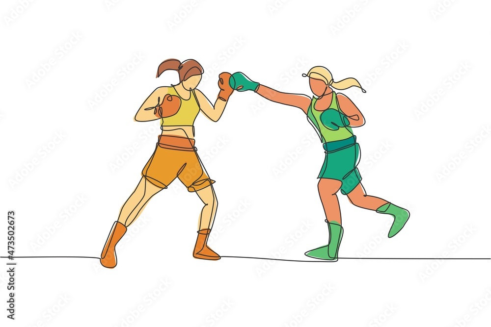 One single line drawing of two young energetic women boxer sparring ...