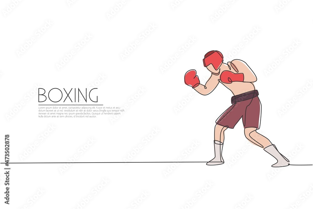 One single line drawing of young energetic man boxer focus practicing ...
