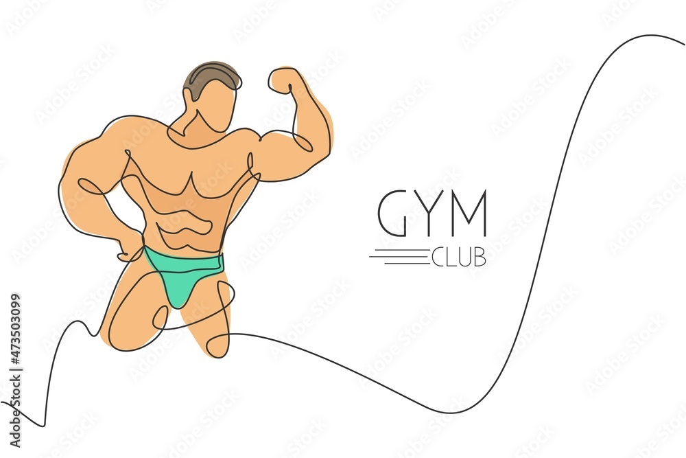 Vettoriale Stock One continuous line drawing young strong model man bodybuilder posed. Fitness ...