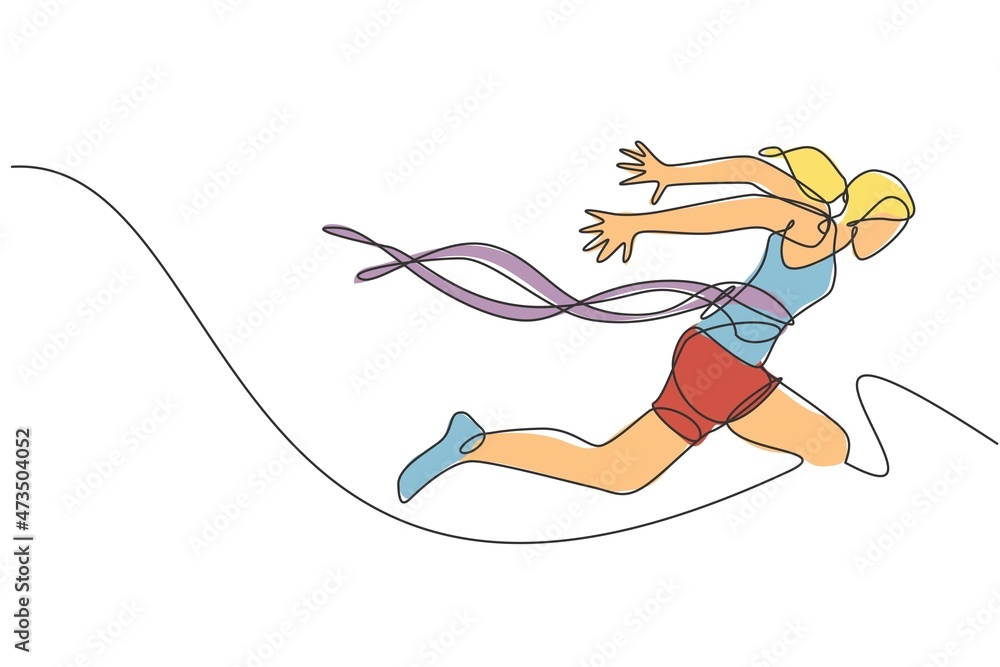 One continuous line drawing young sporty woman runner crosses finish ...