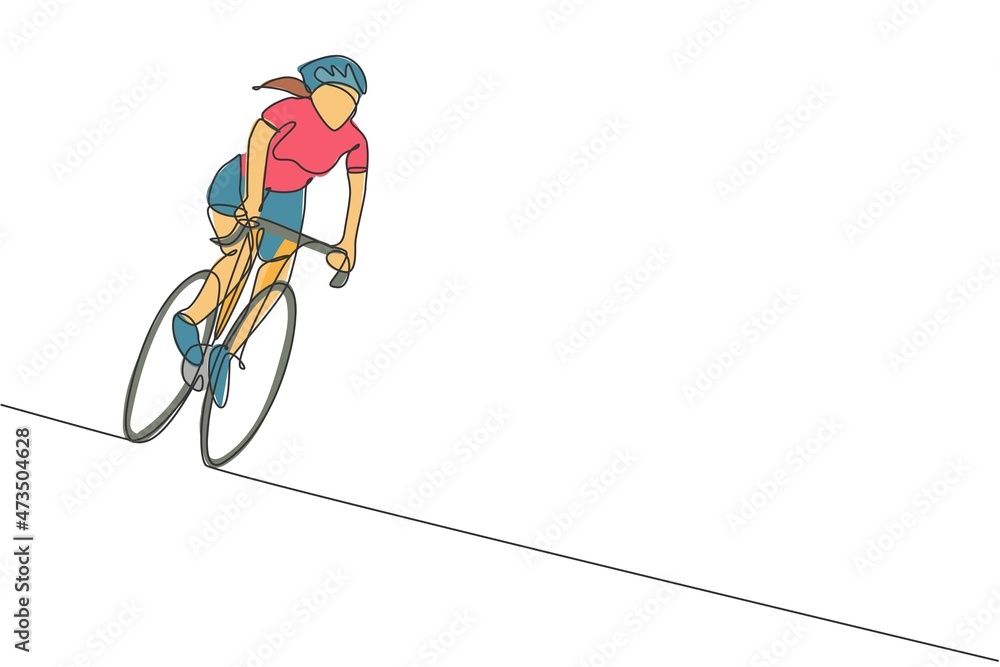 One single line drawing young energetic woman bicycle racer race at ...