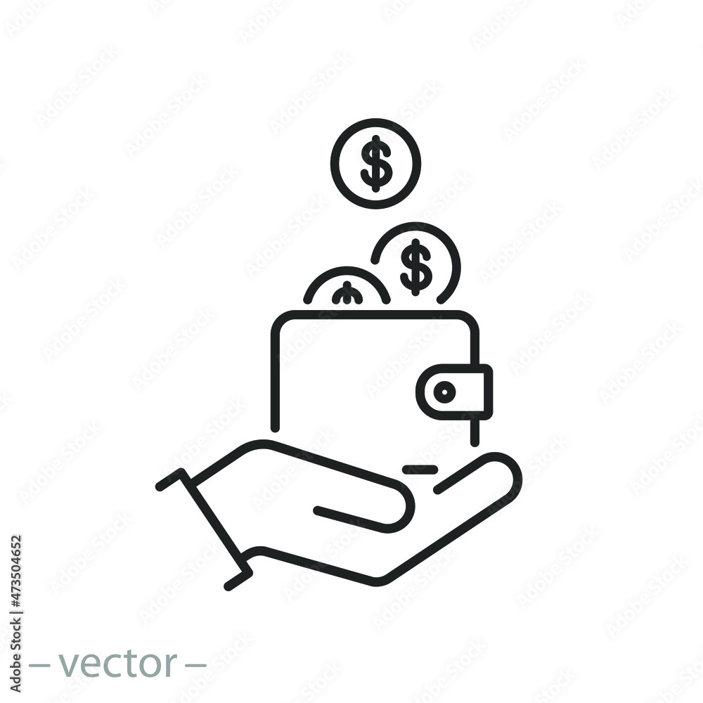 save money icon, wallet with coins in the hand, finance income ...