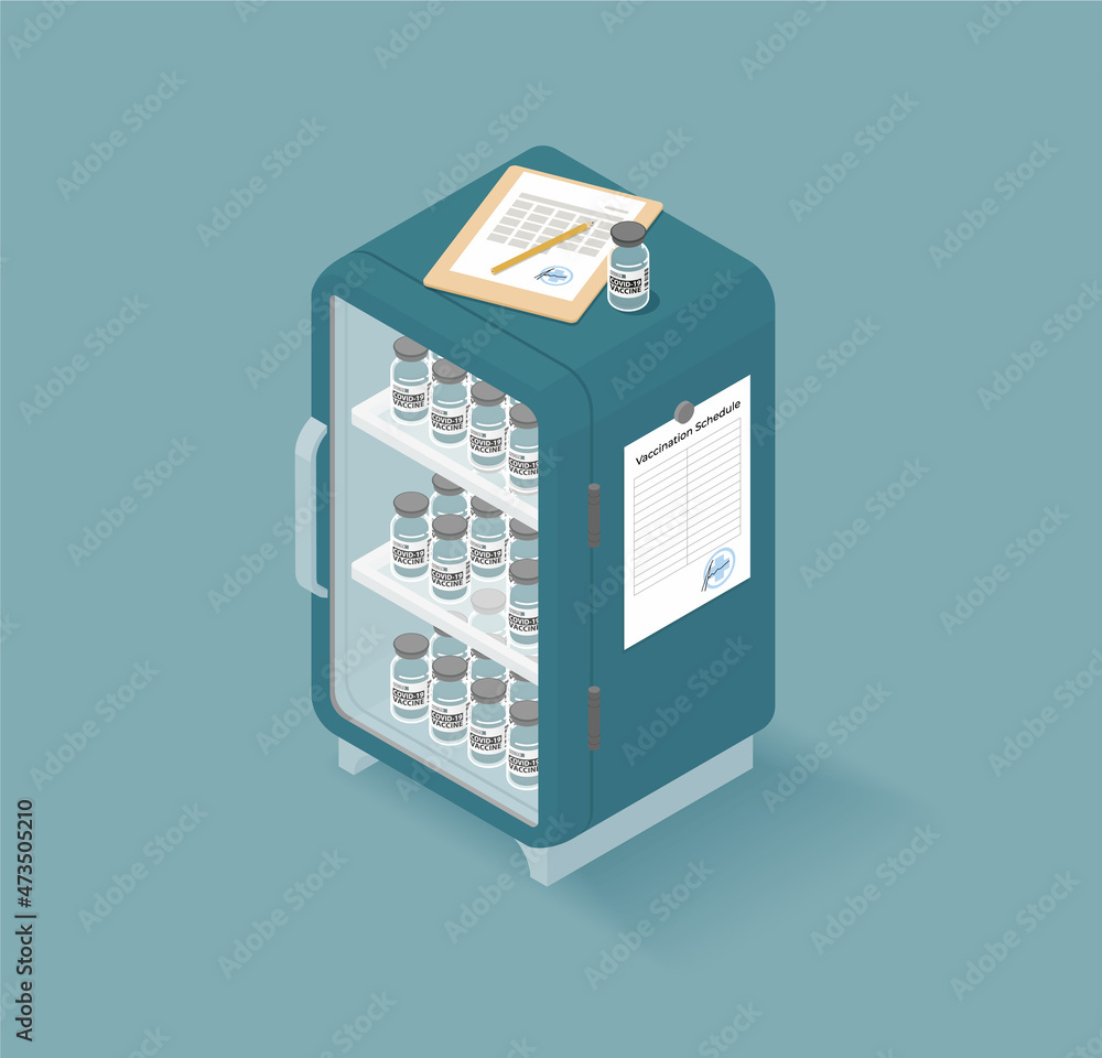 3d medical vaccine refrigerator vector illustration. Corona virus ...
