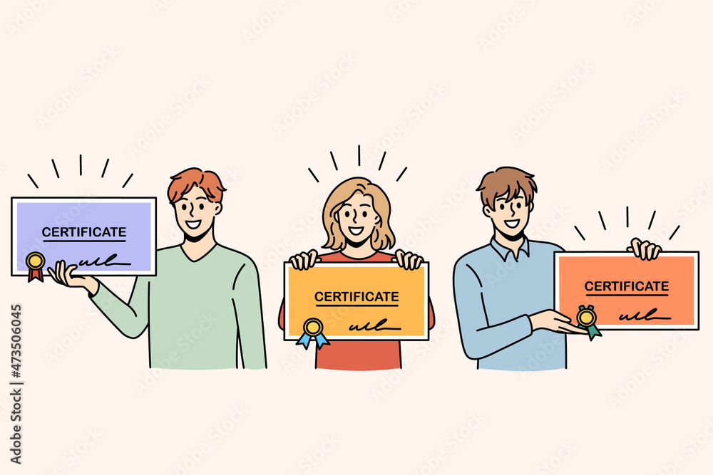 Certificates and education diploma concept. Group of smiling positive ...
