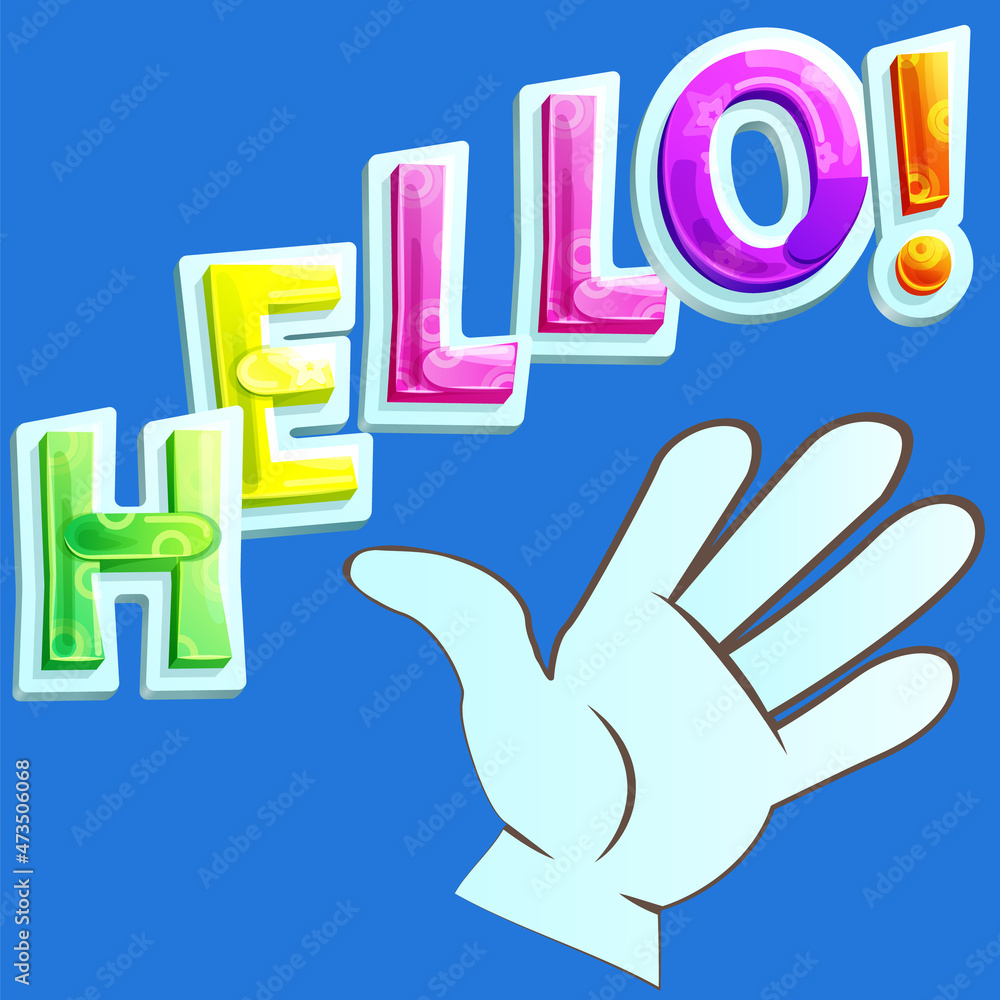 Human hand in cartoon style and hello quote, blue background hand ...