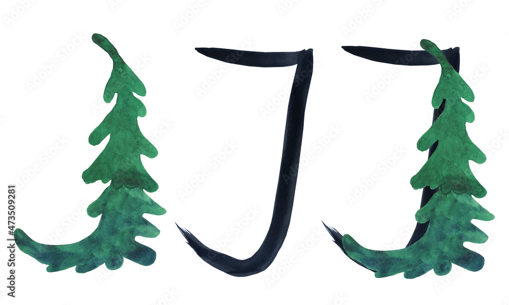 Spruce letter J and elements isolated on white background. Watercolor ...