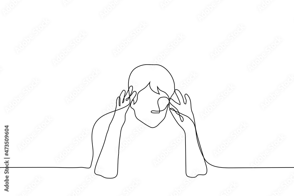 man sits and rubs his temporal lobes with his fingers - one line ...