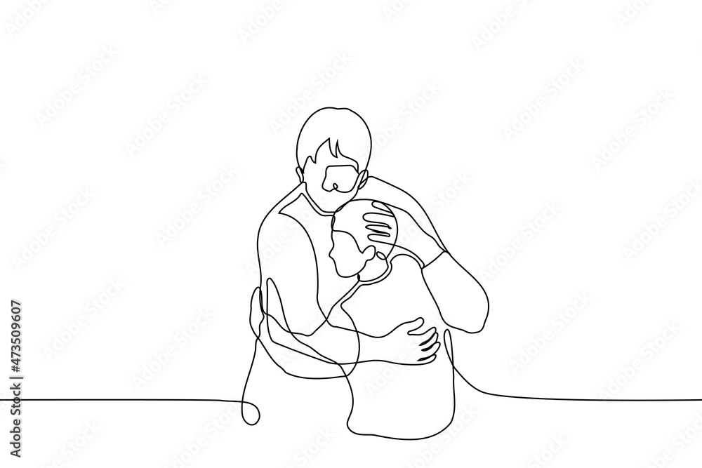 adult hugs child who cuddles to him - one line drawing vector. concept ...