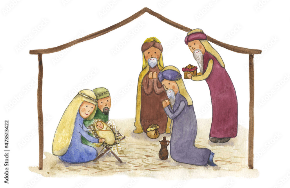 Watercolor drawing Christmas story. The wise men came to worship the ...