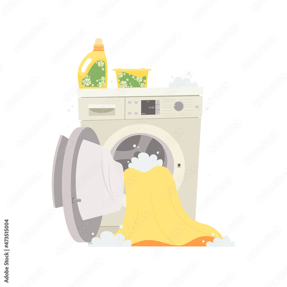 Front loading washing machine. Opened door. Washed linen. Detergent ...