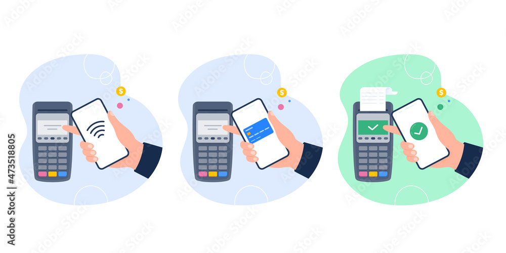 Processing of NFC payment. POS terminal with smartphone and credit card ...